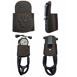 Stethoscope Holder pro with Clip,Handmade in USA Genuine Leather .Perfect for Physicians, Nurses, EMT, Medical Nursing Student (Brown).