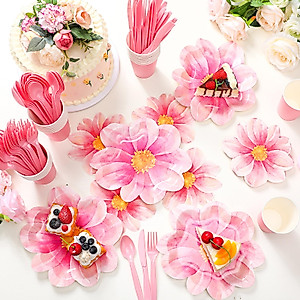 Sieral 144 Pcs Flower Party Supplies Include Disposable Flower Paper Plates Decorative Pink Floral Plates Napkins Cups and Cutlery for Bridal Baby Shower Wedding Birthday Summer Tableware Decoration