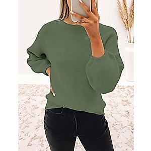 ZESICA Women's 2023 Crew Neck Long Lantern Sleeve Casual Loose Ribbed Knit Solid Soft Pullover Sweater Tops,ArmyGreen,Medium