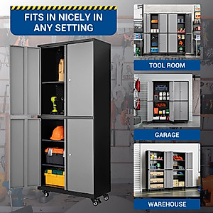 Fesbos Metal Storage Cabinet-Heavy Duty Tool Cabinet Multifunctional Garage Storage Cabinet with Adjustable Shelves&Lockable Doors, Pegboard and Accessories-Black&Gray