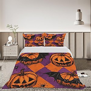 Pumpkin Face Duvet Cover Full Size 3D Printed Pumpkin Full Duvet Cover Set Bats Spider Scary Face Carved on Pumpkin Bedding Set Bedroom Decor All Season 3 Pcs Comforter Cover with 2 Pillowcases