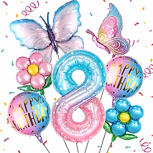 Futureferry Butterfly Balloons 8th Birthday Decorations for Girls Colorful Gradient Pink Butterfly Foil Balloons for Fairy First Birthday Party Baby Shower Decor (Number 8)
