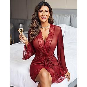 Avidlove Women Lace Kimono Robe Babydoll Sexy Lingerie Mesh Chemise Nightgown Cover Up