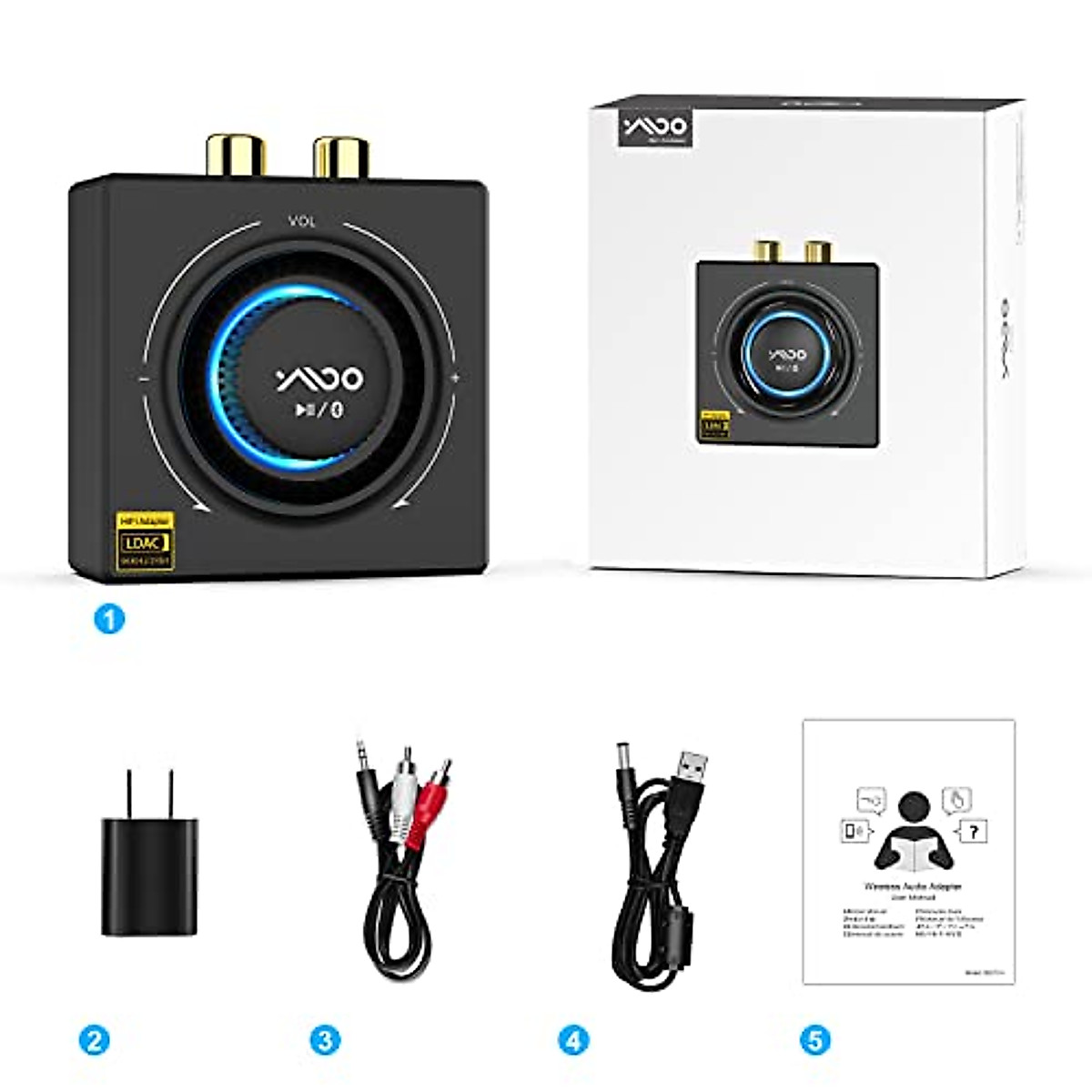 YMOO B06T3+ Bluetooth 5.2 Receiver,LDAC Aptx SBC AAC Bluetooth Audio Adapter for Home Stereo,30ms Low Latency, RCA 3.5mm Jack aux HiFi for Speaker/Older Stereo/Amplifier from Phone/Tablet/Laptop