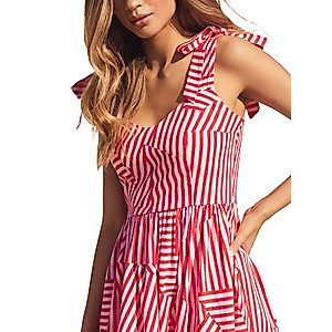 Rooscier Women's Striped Printed Tie Shoulder Sleeveless Ruffle A Line Beach Long Dress Red Small