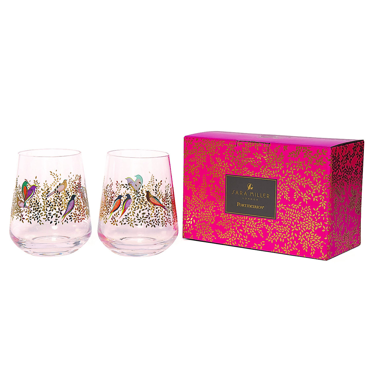 Spode Sara Miller London Chelsea Tumblers | Set of 2 | 14 Oz Stemless Glasses for Ros, Red, or White Wine | Colorful Birds Design | Handwash Only