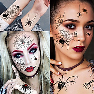 COKTAK 8 Sheets Large 3D Spider Web Temporary Tattoos Halloween Makeup Kit For Women Adults Realistic Witch Bat Zombie Fake Face Tattoos Sticker For Kids Men Adults Scary Halloween Decals Spiderweb