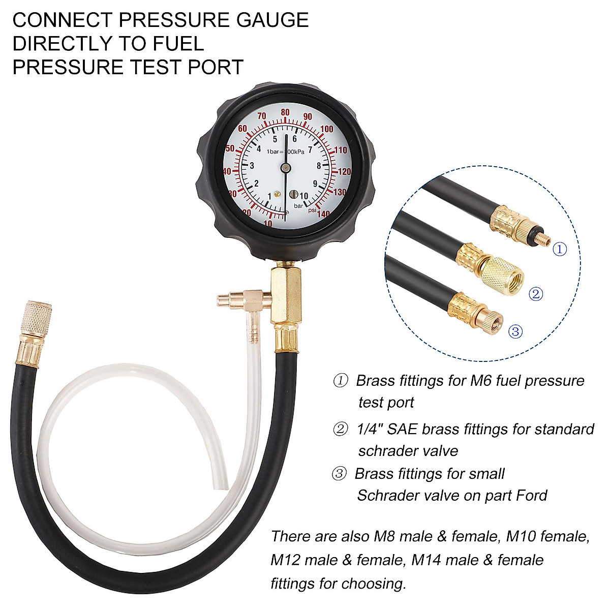 JIFETOR Fuel Injection Pump Pressure Test Gauge Set, Automotive Gas Gasoline Fuel Oil Injector Tester Tool Kit 0-140PSI, with Schrader Adapters Universal Compatible with Ford Auto Car Truck Motorcycle
