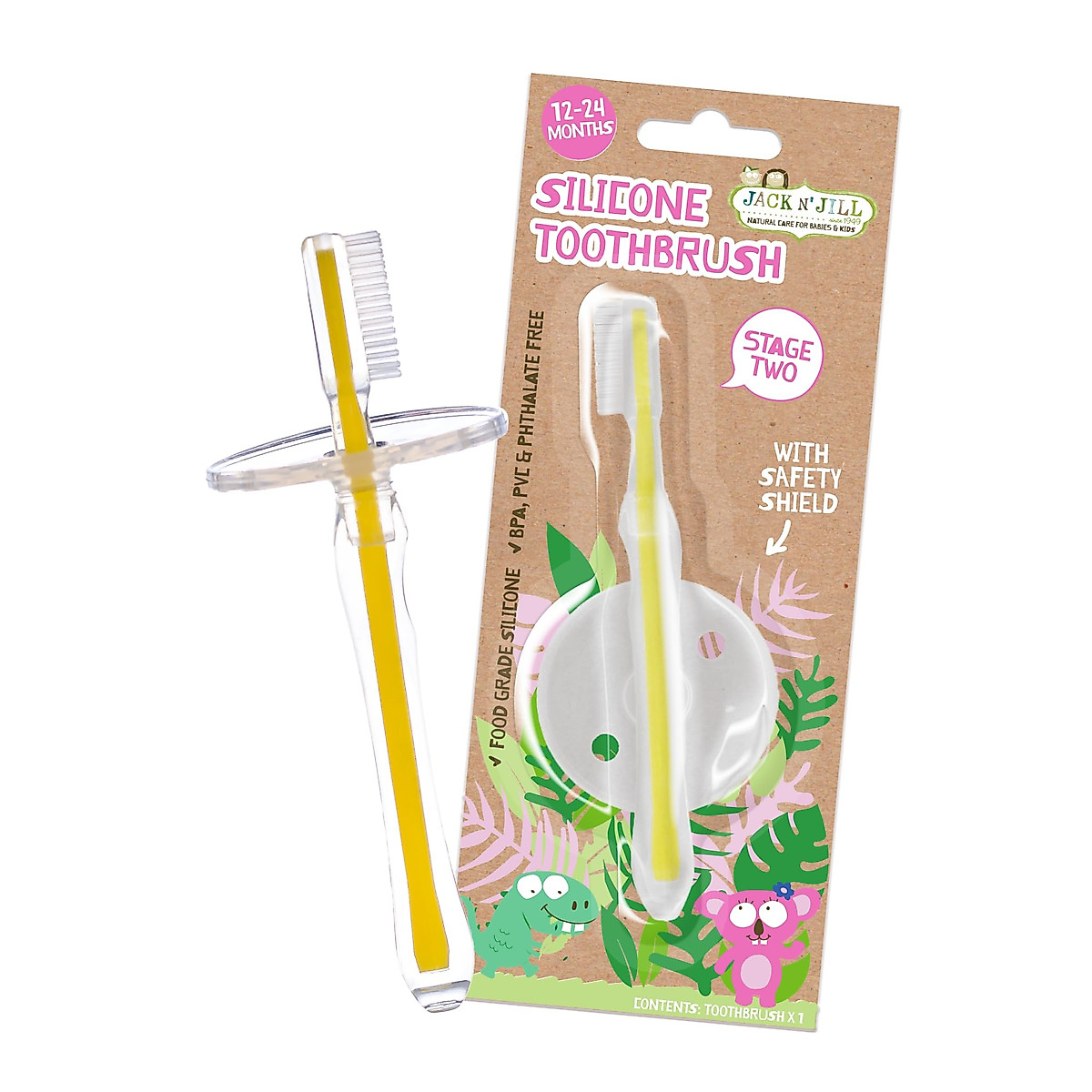 Jack N' Jill Stage 2 Silicone Toothbrush - Toddler Toothbrushes 1-2 Years Old, Gentle, Soft Silicone Bristles, Safety Shield Included - (Pack of 1)