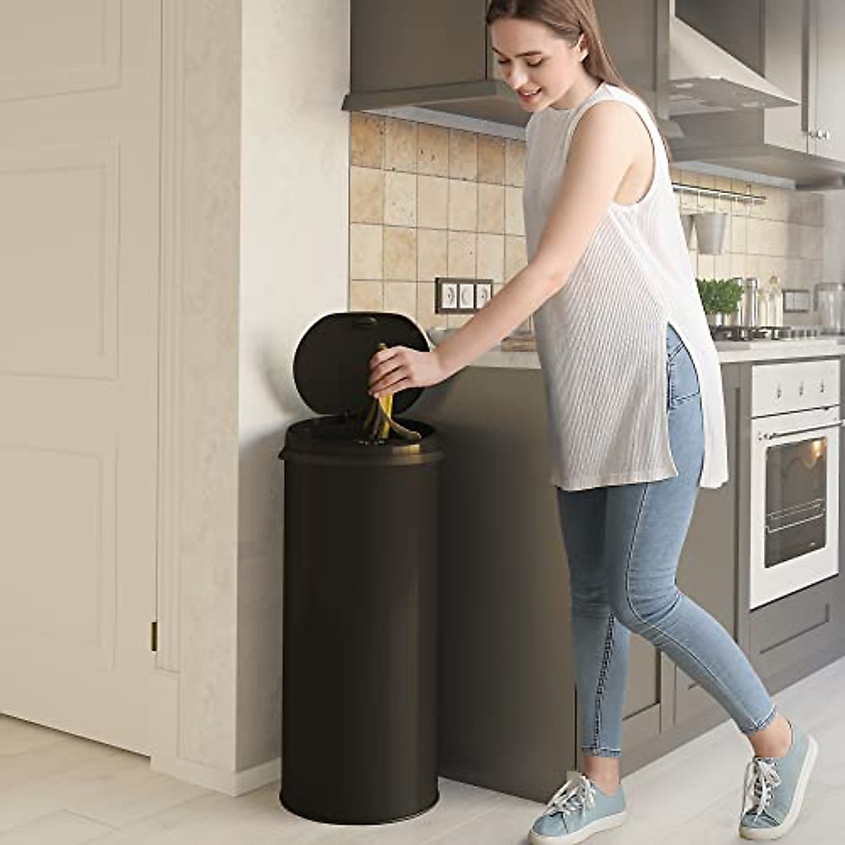 iTouchless 13 Gallon Automatic Trash Can with Odor Control System – Black Round Kitchen Sensor Garbage Bin for Kitchen or Office