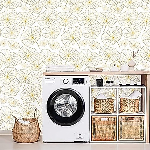 Nukofal Lotus Leaf Wallpaper Peel and Stick Wallpaper Lotus Floral Wallpaper 17.7In x 118.1In Leaf Contact Paper Gold and White Wallpaper Modern Removable Wallpaper Self Adhesive Wall Paper Vinyl