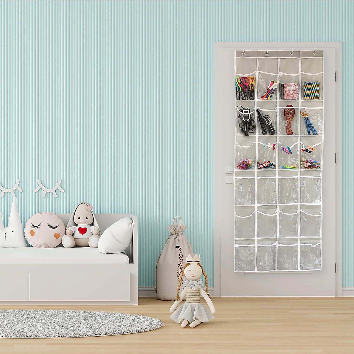 24 Pockets - SimpleHouseware Crystal Clear Over The Door Hanging Shoe Organizer, Gray (64'' x 19'')