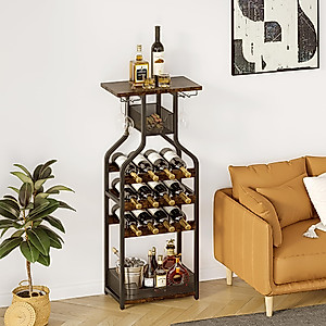 GAOMON Metal Wine Rack Wine Bottle Holders Stands Freestanding Floor, Wine Storage Organizer Display Rack Table Wine Glass Rack for Bar Kitchen Dining Living Room, Small Spaces (Rustic Brown)