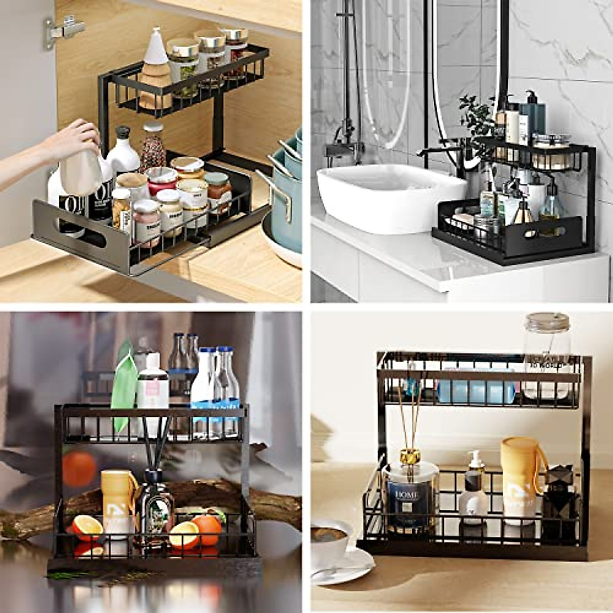 Under Sink Organizers,2-Tier Under Sink Organizers and Storage,Drill-Free Rustproof Stainless Steel Pull Out Shelf with Non-Slip Feet for Kitchen Bathroom, Black