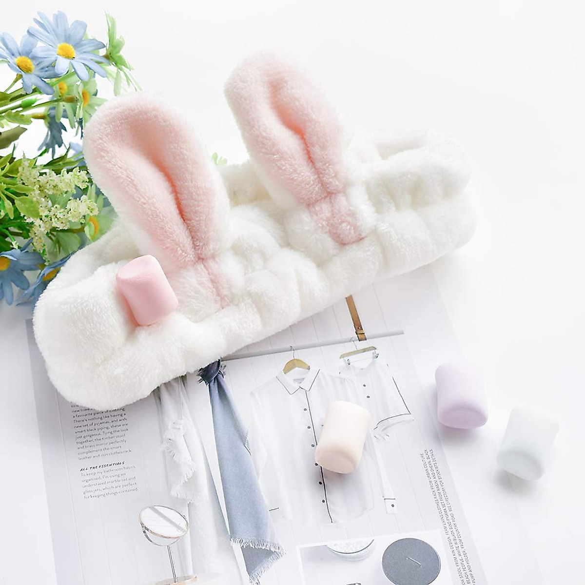 HUIANER Cute Animal Ears Headbands with Fluffy Ball Soft Coral Fleece Elastic Hair Band For Women Washing Face Makeup Cosmetic, Pack of 3