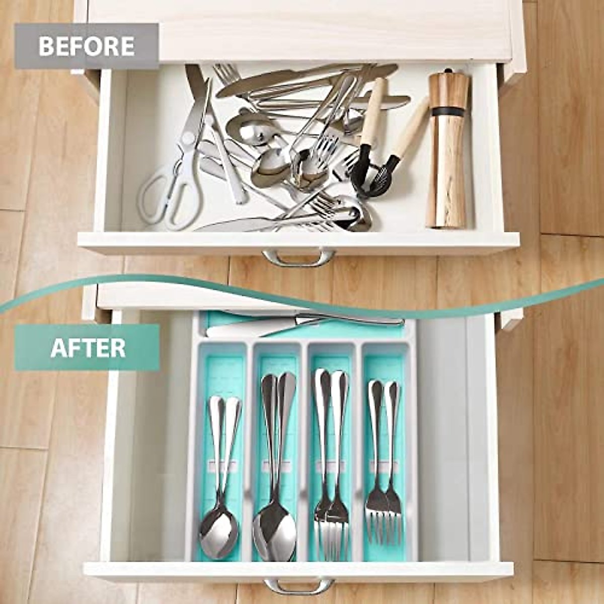 Joequality Silverware Organizer with Icons，Plastic Cutlery silverware Tray for Drawer，Utensil Flatware Tableware Organizer for Kitchen with Non-slip TPR,Fits Standard Drawer,5-Compartment，Mint