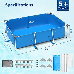 Goplus Frame Swimming Pool, 10ft x 6.7ft x 30in Rectangular Above Ground Pools W/Steel Frame, Pool Cover, Easy Setup & Drainage, Family Pool for Backyard, Garden,Patio, Balcony (Blue)