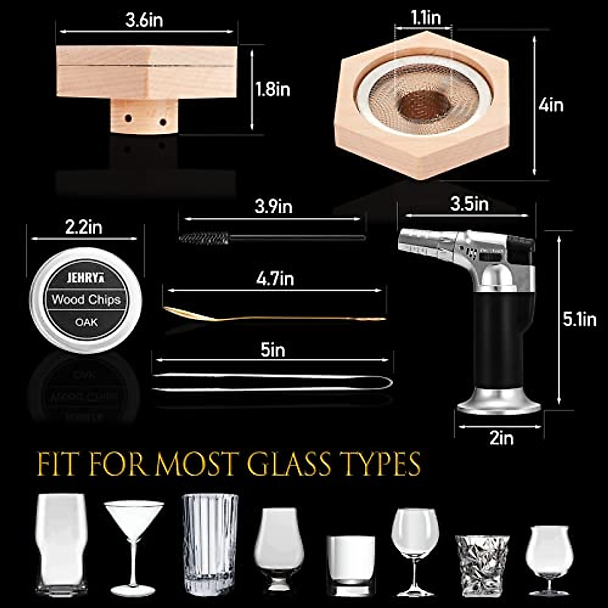Cocktail Smoker Kit, JEHRYA Smoking infuser Old Fashion Smoker Kit with 6 Wood Chips for Whiskey/Bourbon/cocktails/Wine, with Torch (No Butane)
