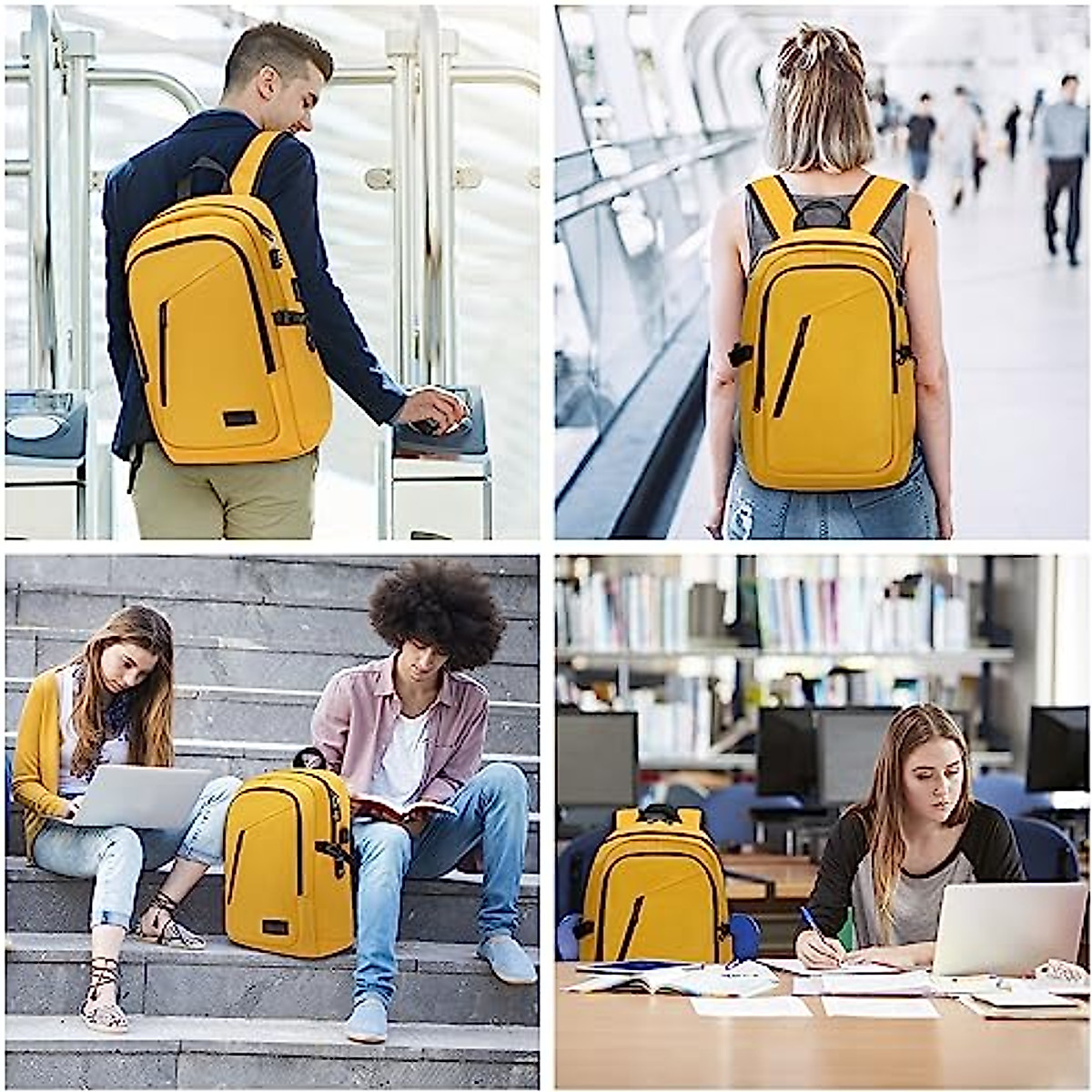 Mancro Travel Laptop Backpack, 15.6 in Anti Theft Backpack for Women Men with USB Charging Port, Water Resistant Computer Backpack Backpack Gift, Yellow
