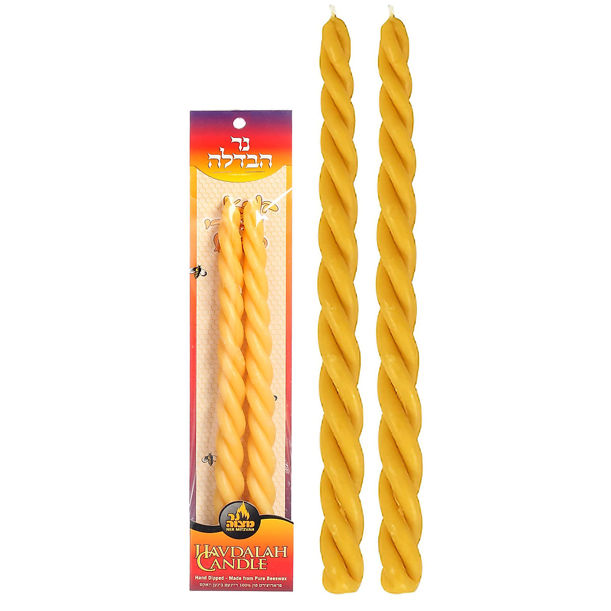 Ner Mitzvah Braided Beeswax Havdalah Candle - 2 Pack - 10" Hand Dipped Bees Wax Braided Candle - Thick Round Twist Braid - Shabbat Judaica Gift