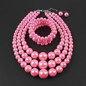 KOSMOS-LI Large Pearl Jewelry Set 3 Layer Simulated Pink Pearl Women's Statement 18" Necklace Bracelet and Earrings