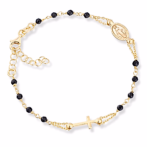 Miabella 18K Gold Over 925 Sterling Silver Italian Natural Black Spinel Rosary Cross Charm Bead Bracelet for Women, Adjustable Link Chain 6 to 8 Inch Handmade in Italy (7" to 8")