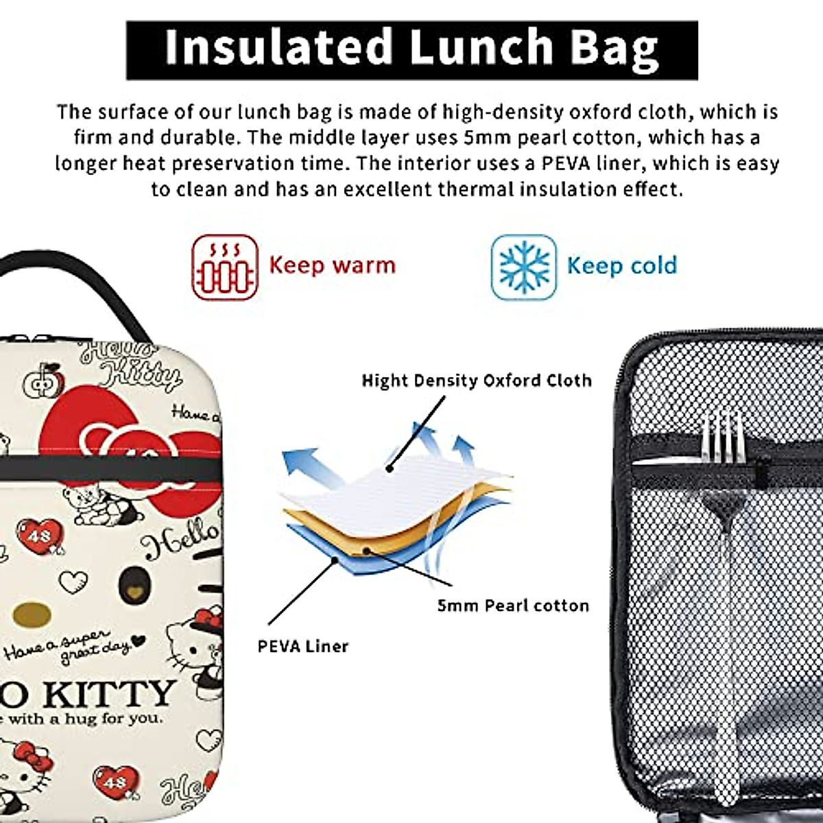 Dicodes Cartoon Lunch Box For Girls Reusable Insulated Lunch Bag With Water ​bottle Holder Handbags Tote Bag For Women