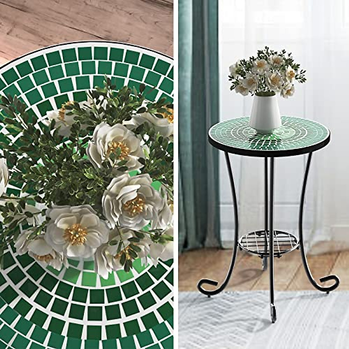 FROMJBEST Mosaic Outdoor Side Table, Patio Side Table, Weather Resistant 14" Diameter 21" H Ceramic Tile Round Outside Table for Patio, Porch, Garden, Pool, Indoor&Outdoor,Plant Stand (Vortex)