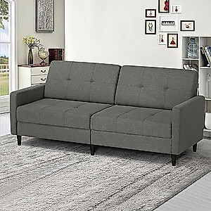 BIVVI 77” Long Linen Fabric Sofa Bed Convertible Loveseat Couch with Adjustable Backrest and Wooden Legs,Sleeper Lounge Couch for Living Room/Dorm/Guest/Home Office/Apartment,Gray