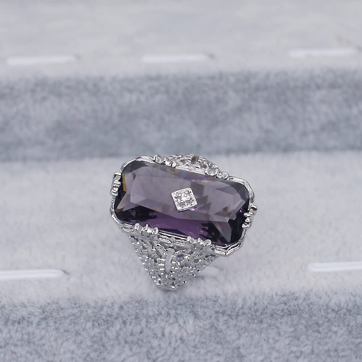 Luxury Fashion Rectangular Natural Amethyst Princess Ring in 925 Silver Openwork Square Perfect Cut Purple Gemstone Cubic Zirconia Ring CZ Eternity Engagement Wedding Ring Women's Sizes 6-10 582 (8)