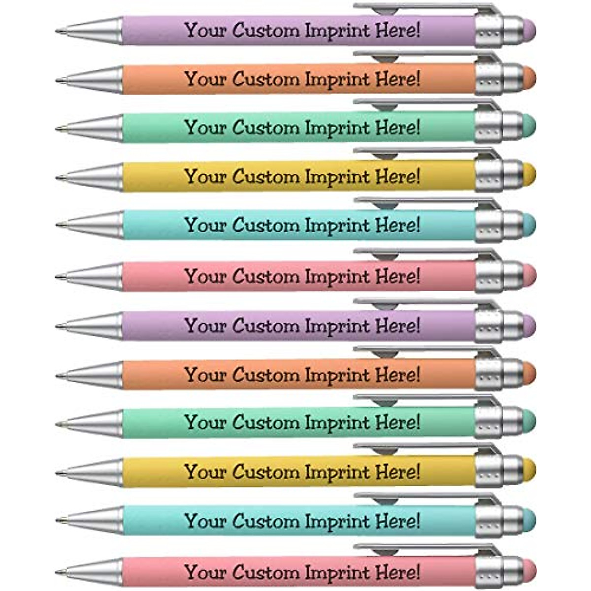 Express Pencils™ - Pastel Custom Pens with Stylus - Soft Touch Design - Personalized Metal Frame Printed Name Pens with Black Ink - Imprinted with Logo or Message (Assorted)