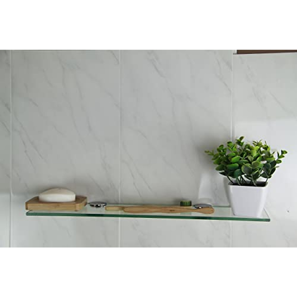 BSM Marketing 500mm x 100mm 6mm Thickness Toughened Glass Shelf for Bathroom Bedroom Office with Large Chrome Finish Shelf Supports