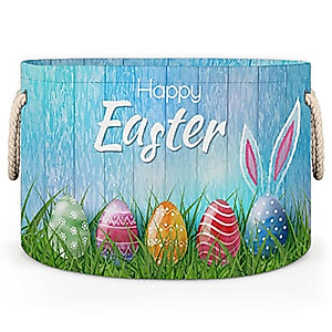 Easter Bunny Rabbit Eggs (14) Large Round Baskets for Storage Laundry Baskets with Handles Blanket Storage Basket for Bathroom Shelves Bins for Organizing Nursery Hamper Girl Boy