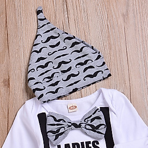 Kashoer 3Pcs Newborn Baby Boy Girls Bowtie Letters Romper Suit+Long Moustache Pant+Hat Kid Playsuit (White, 0-3Months)
