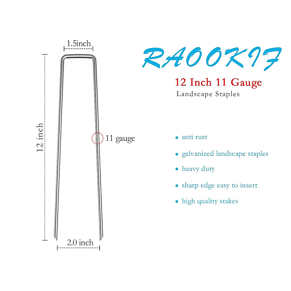 RAOOKIF 12 Inch Galvanized Garden Landscape Staples Stakes, 20/50/100/200Pcs Garden Metal Stakes, 11 Gauge Heavy Duty Ground Stakes for Decoration, Fence Stakes Lawn Stake, Fabric Pins (20, 12 Inch)