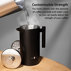Redwood - Large French Press, 8 Cup Coffee Maker, Double Wall Construction, 3-Layer Stainless Steel Filter, Optimal Thermal Retention (Black) (34 oz)