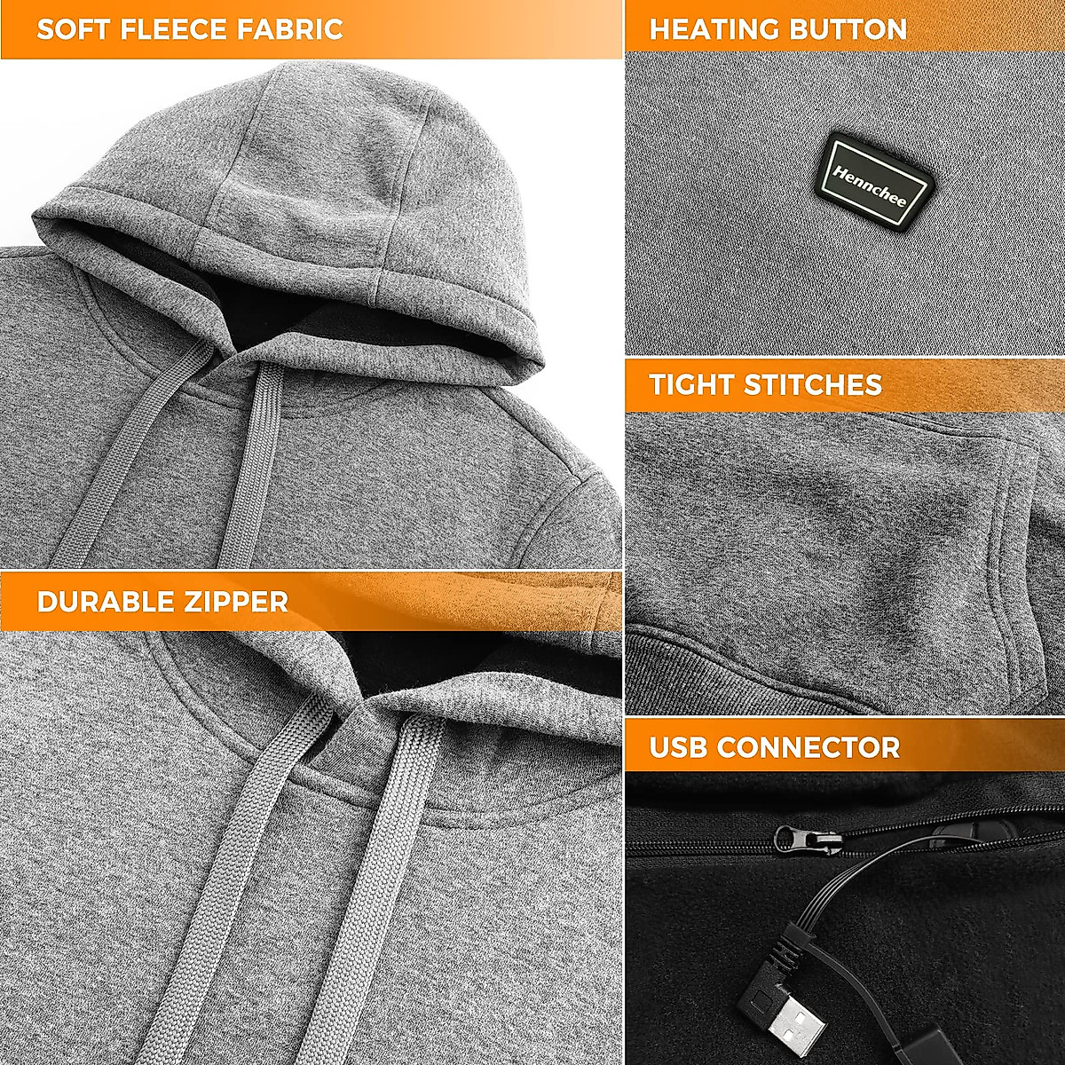 HENNCHEE Heated Hoodies for Men Women with Battery Pack, Heated Pullover Sweatshirt Unisex Hoodies Heating Jacket(Gray, Large)