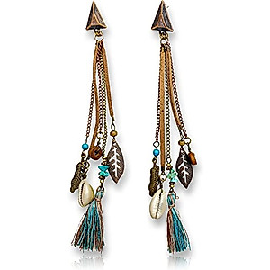 Women's Bohemian Leather Tassel Long Drop Earrings Stone Charms