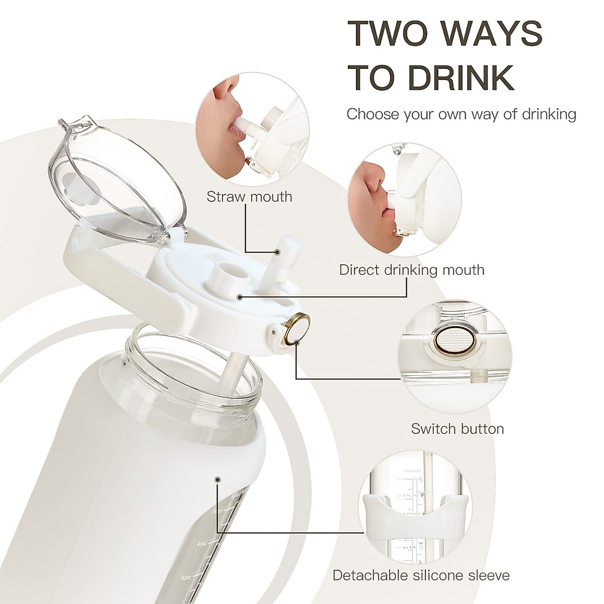 chunmo 64oz Glass Water Bolttles with Straw Half Gallon Large Motivational Water Bottle with Time Marker Sports Water Bottles with Silicone Sleeve and Handle Lid Water Jug for Gym Workout