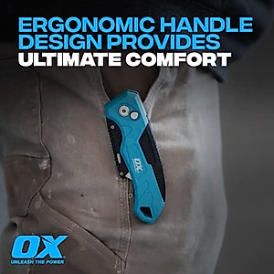 OX Tools Pro Heavy Duty Fixed Blade Folding Knife w/Easy Change Blade Button - Quick Fold Action & Strong Lightweight Construction | Includes 3 Replacement Blades