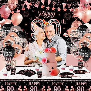 Rose Gold 90th Birthday Decorations for Women Men 150 PCS Black Rose Gold 90th Birthday Party Supplies Includes Rose Gold Happy 90th Birthday Banner Balloons Napkins Cups Tablecloth Plates Foil