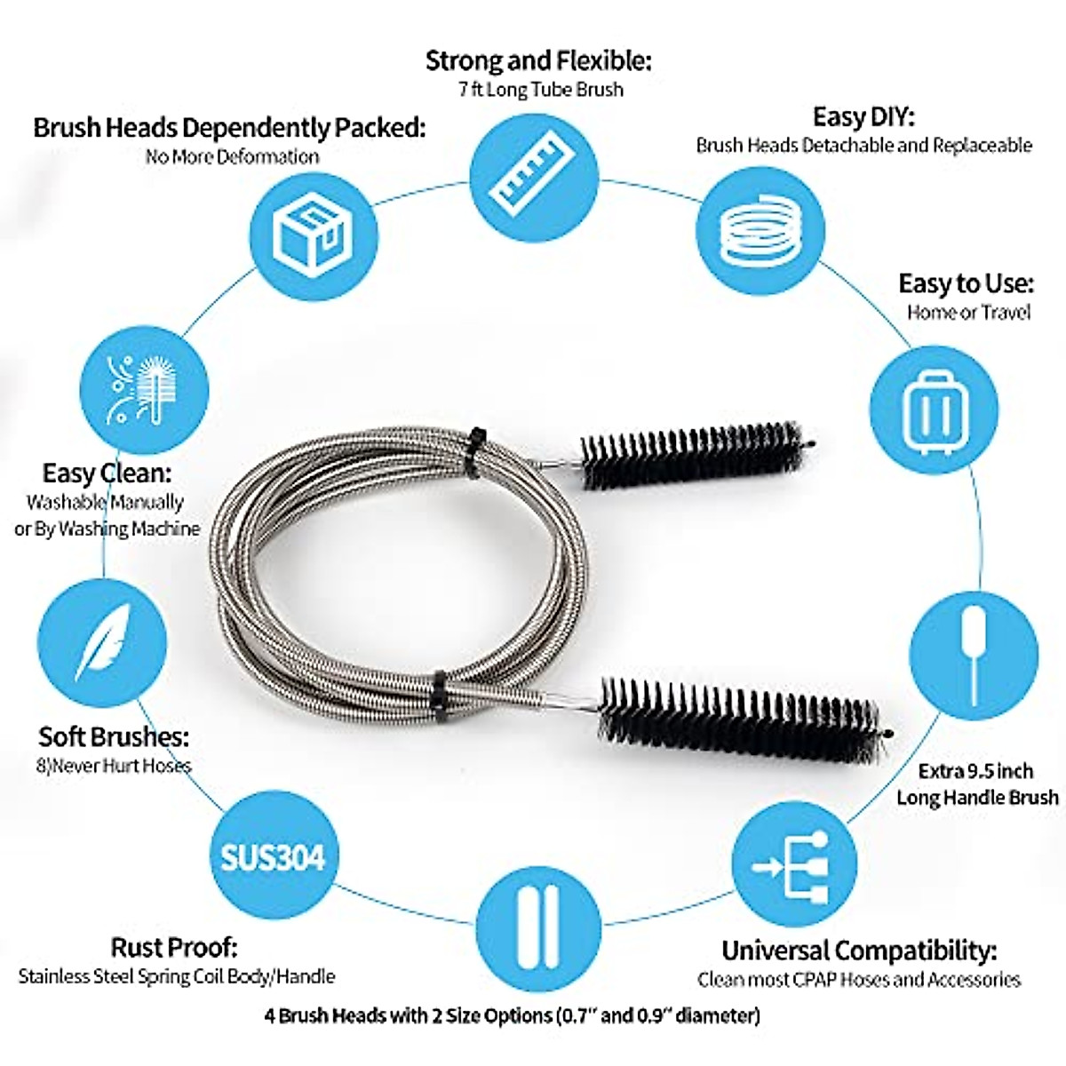 JAKIA CPAP Hose Tube Cleaning Brush Kit_4 Brush Heads Detachable and Replaceable_ 7 ft Steel Spring Brush Strong and Flexible