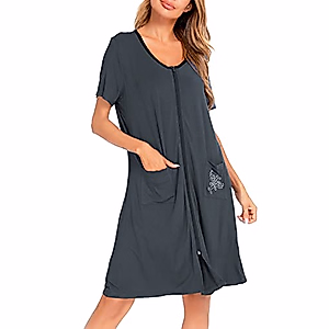 SWOMOG Women Zipper Front House Coat Short House Dress Duster Lightweight Nightwear Summer Bathrobe Knee Length Sleepwear with Pockets