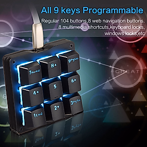 Koolertron Mechanical Numpad Macro Keyboard, 9-Key Numeric Keypad LED Backlit Gaming Keyboard, Fully Programmable Number Pad Keyboard, Computer High Ground Mechanical Macro Number Keypad