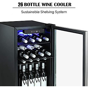 Antarctic Star 26 Bottle Wine Cooler/Cabinet Beverage Refigerator Mini Fridge Small Wine Cellar Soda Beer Counter Top Bar Quiet Operation Compressor Freestanding Clear Glass Door for Office/Dorm