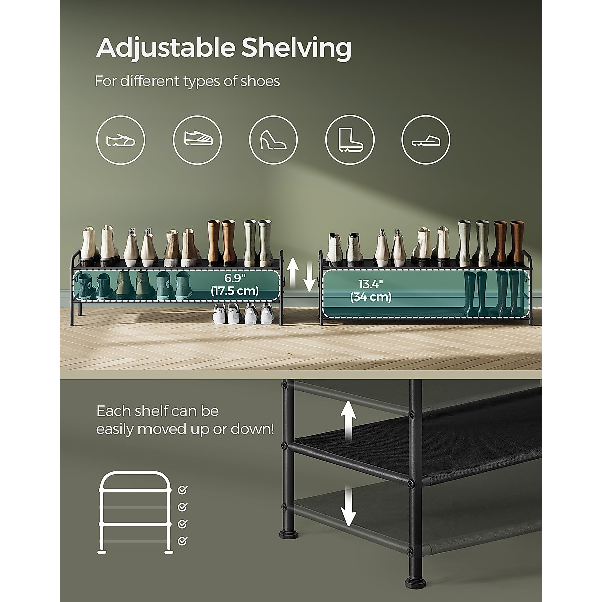 SONGMICS Shoe Rack, 2 Tier Shoe Organizer, Fabric Shoe Shelf Storage with 4 Hooks, Holds up to 12 Pairs of Shoes, Height-Adjustable Shoe Rack for Entryway, Hallway, Closet, Easy Assembly, Ink Black