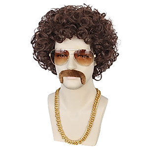 ANOGOL+Wig Cap+Mustache+Necklace+Glasses 5Pcs Afro Wig for Men Short Brown Curly Wig Disco Wigs 70'S Wig for Men 80'S Costumes for Men Disco Wig Jerry Curly Afro Wig Rocker Costume Wig Halloween Party