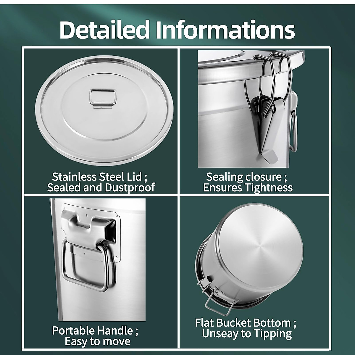 LyeXD 48L Stainless Steel Airtight Canister, Food Storage Containers with Lids Airtight Rice Cereal Grain Container Storage Box, Kitchen Canisters Metal Food Canisters Container for Rice, Grains, Oil