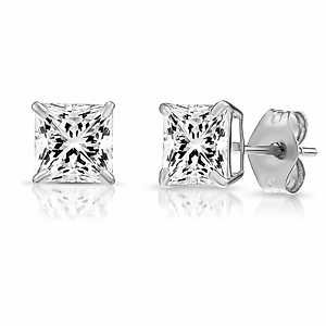 14k Solid Gold PRINCESS Stud Earrings Square Cubic Zirconia Princess-cut CZ Unisex Studs, 14kt White Gold (5mm)