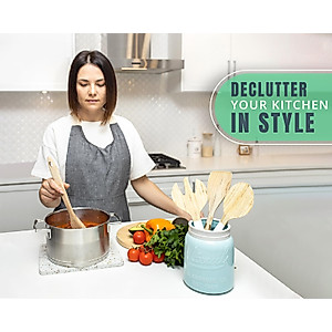 Ceramic Mason Jar Cutlery Holder - Set of 3 - Farmhouse Silverware Caddy for Kitchen Countretop - Decorative Spoon, Fork & Knife Holder for Parties & More - Rustic Caddy made of Premium Ceramic